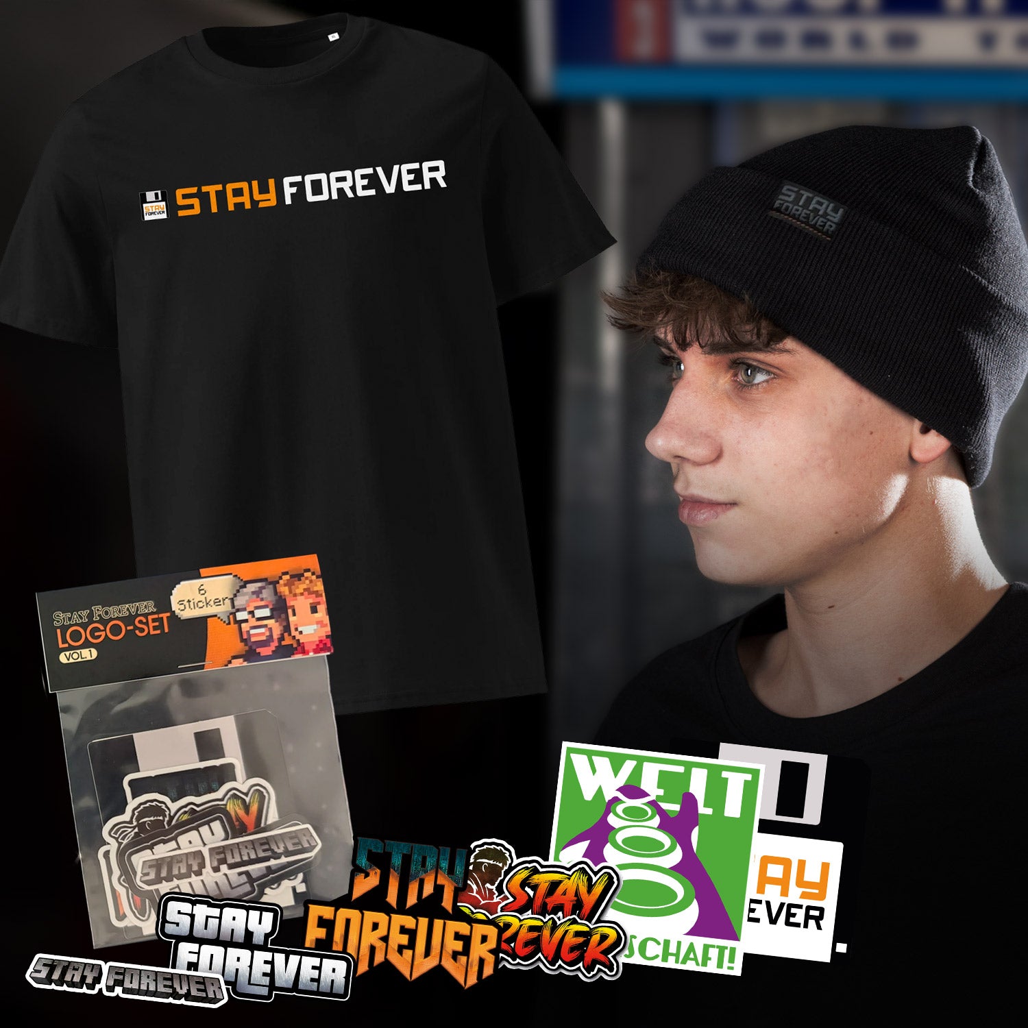 STAY FOREVER Fan-Bundle 4: Beanie, Logo-Shirt und Sticker